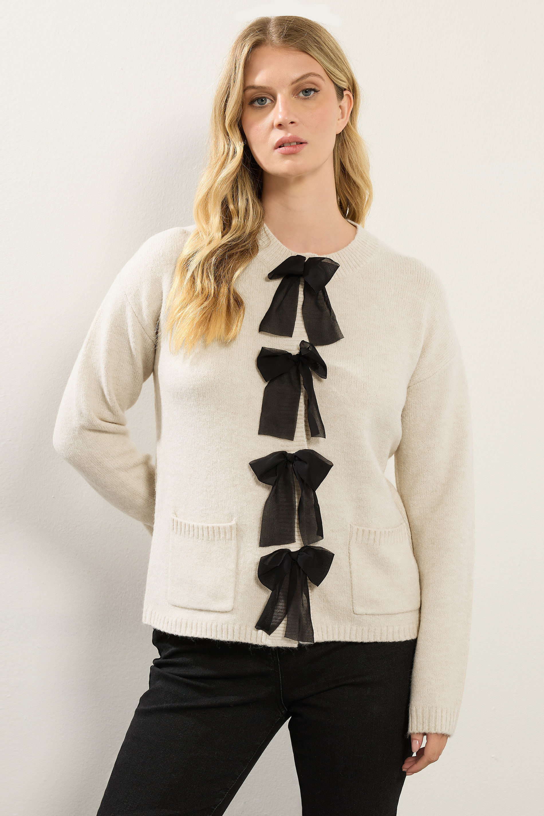 LTS Tall Cream Knitted Bow Front Cardigan | Long Tall Sally