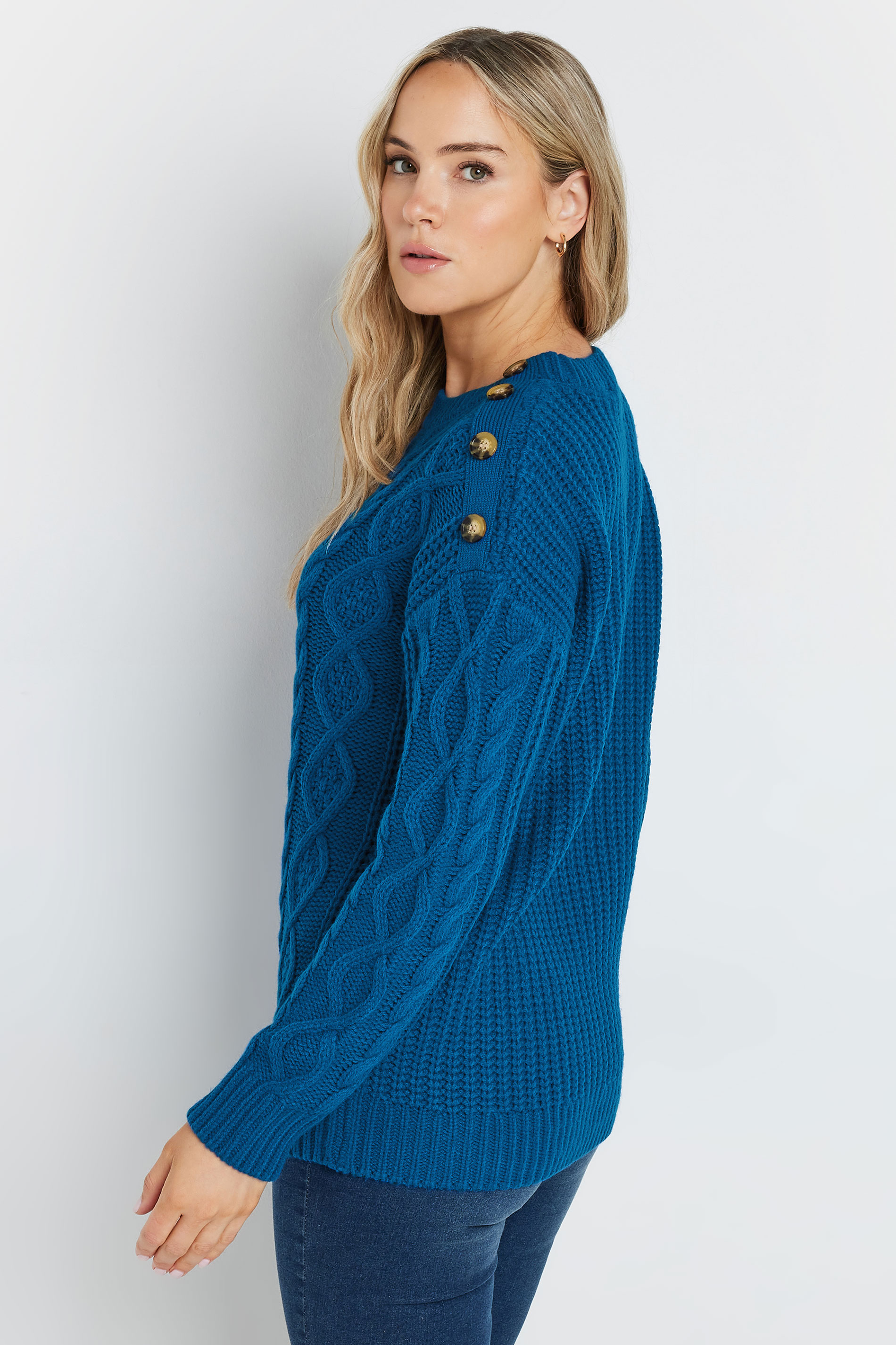 LTS Tall Cobalt Blue Button Detail Cable Knit Jumper | Long Tall Sally