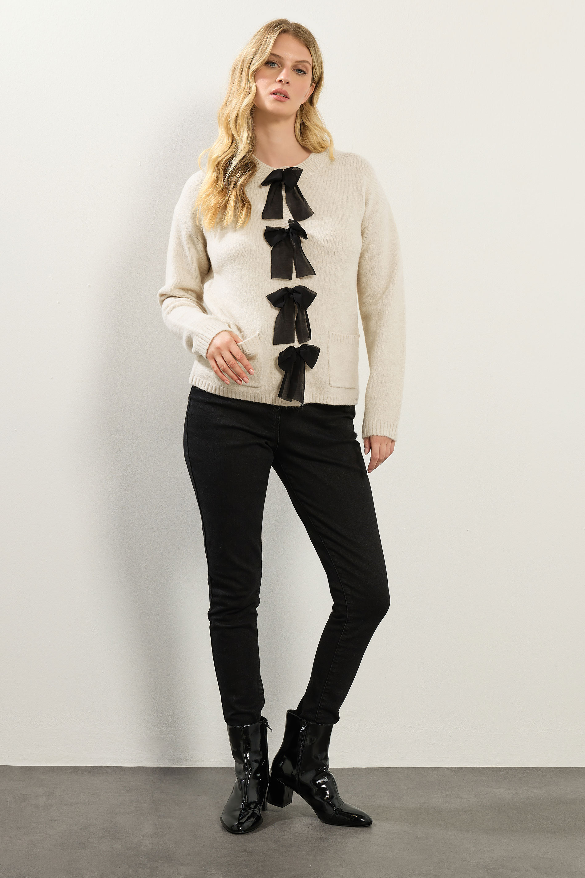 LTS Tall Cream Knitted Bow Front Cardigan | Long Tall Sally