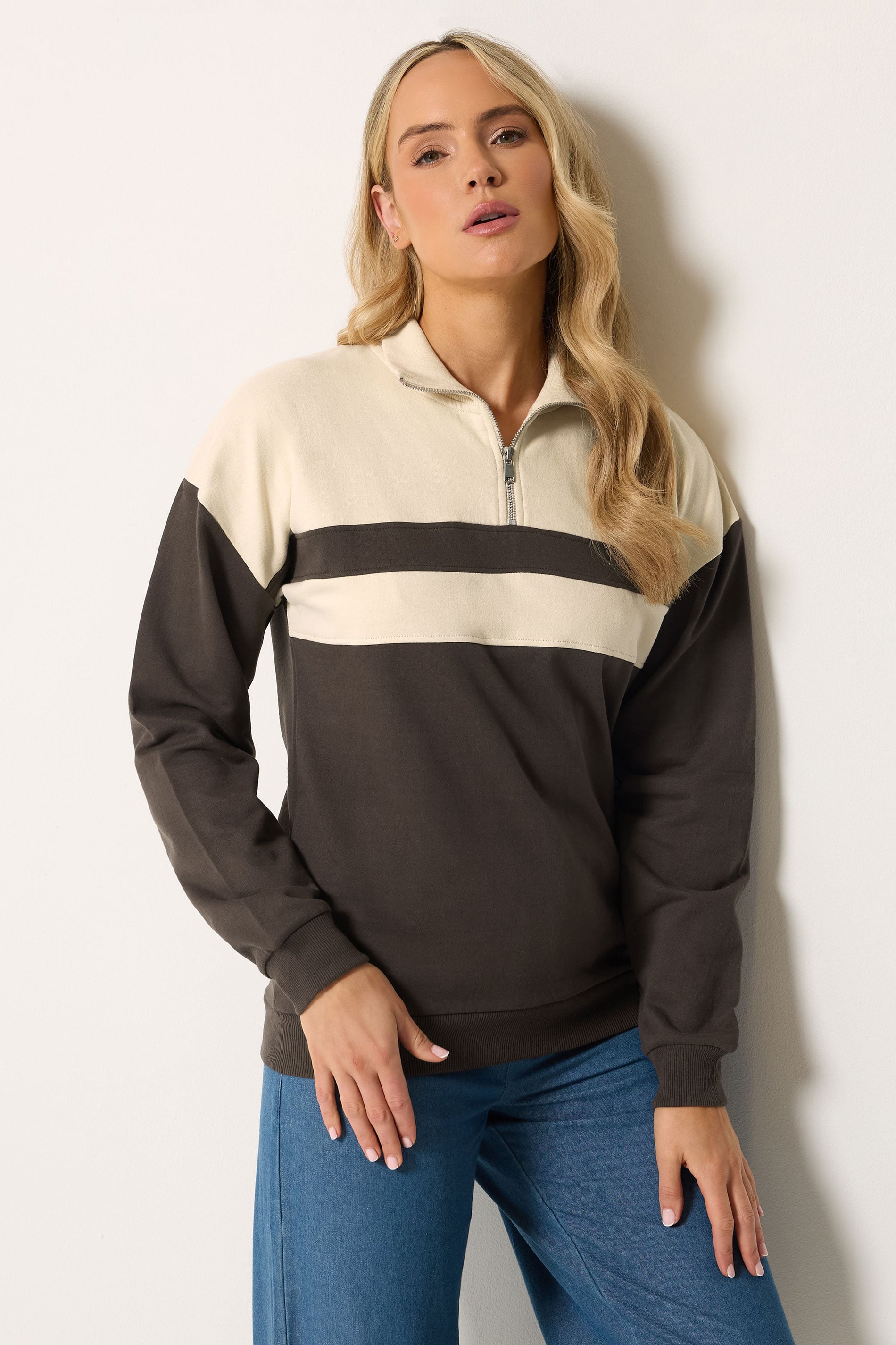 LTS Tall Women's Brown Colour Block Half Zip Sweatshirt | Long Tall Sally