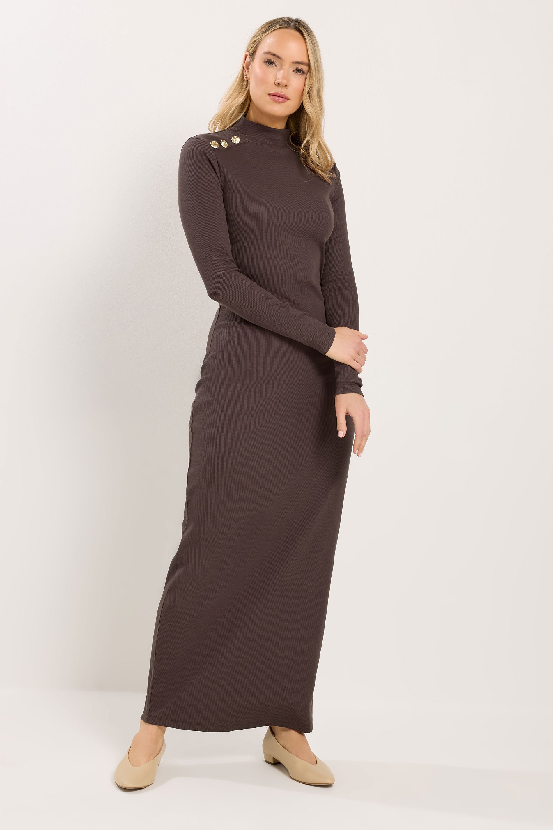 LTS Tall Women's Brown Ribbed Shoulder Button Maxi Dress | Long Tall Sally