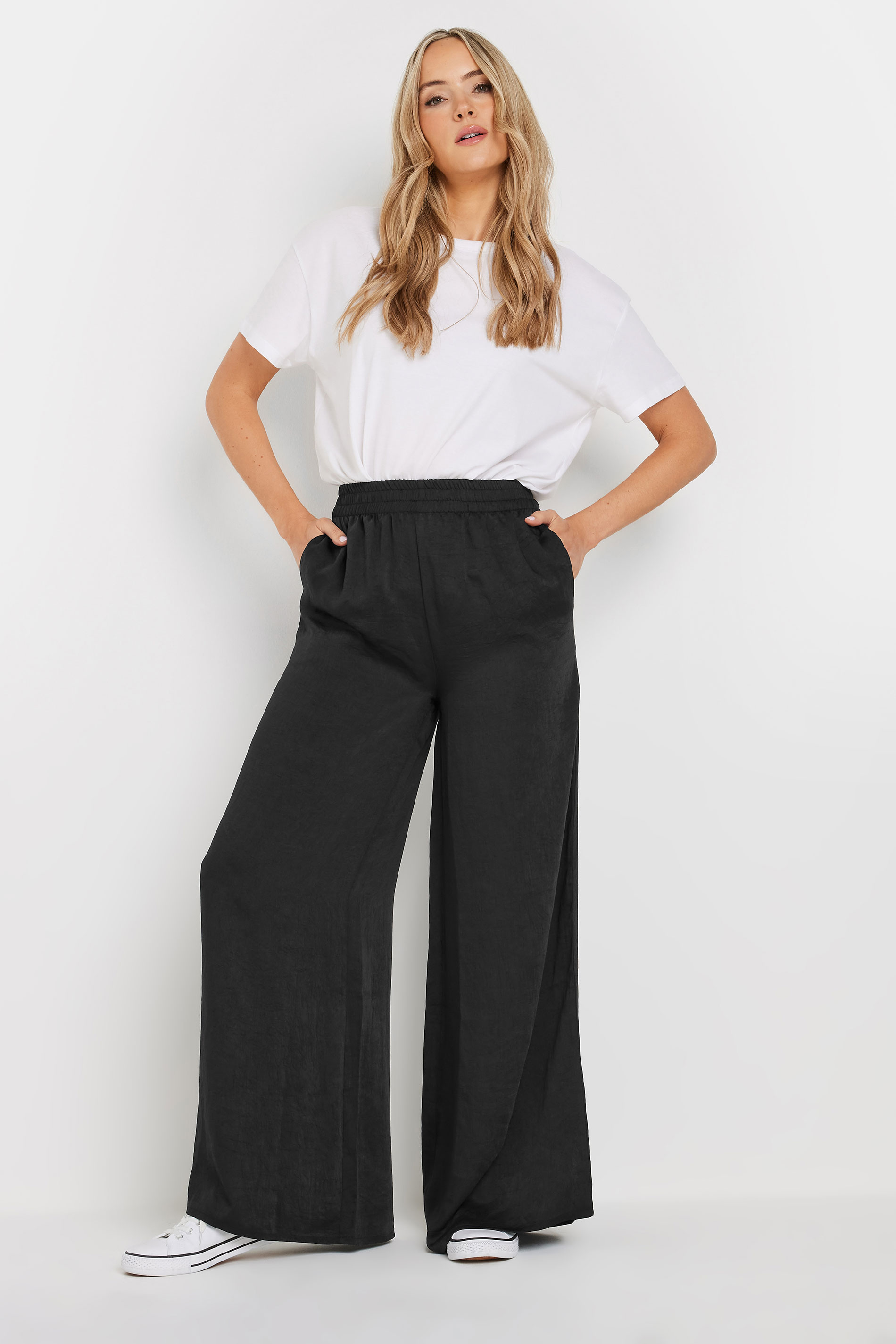 LTS Tall Black Matt Satin Wide Leg Trousers | Long Tall Sally