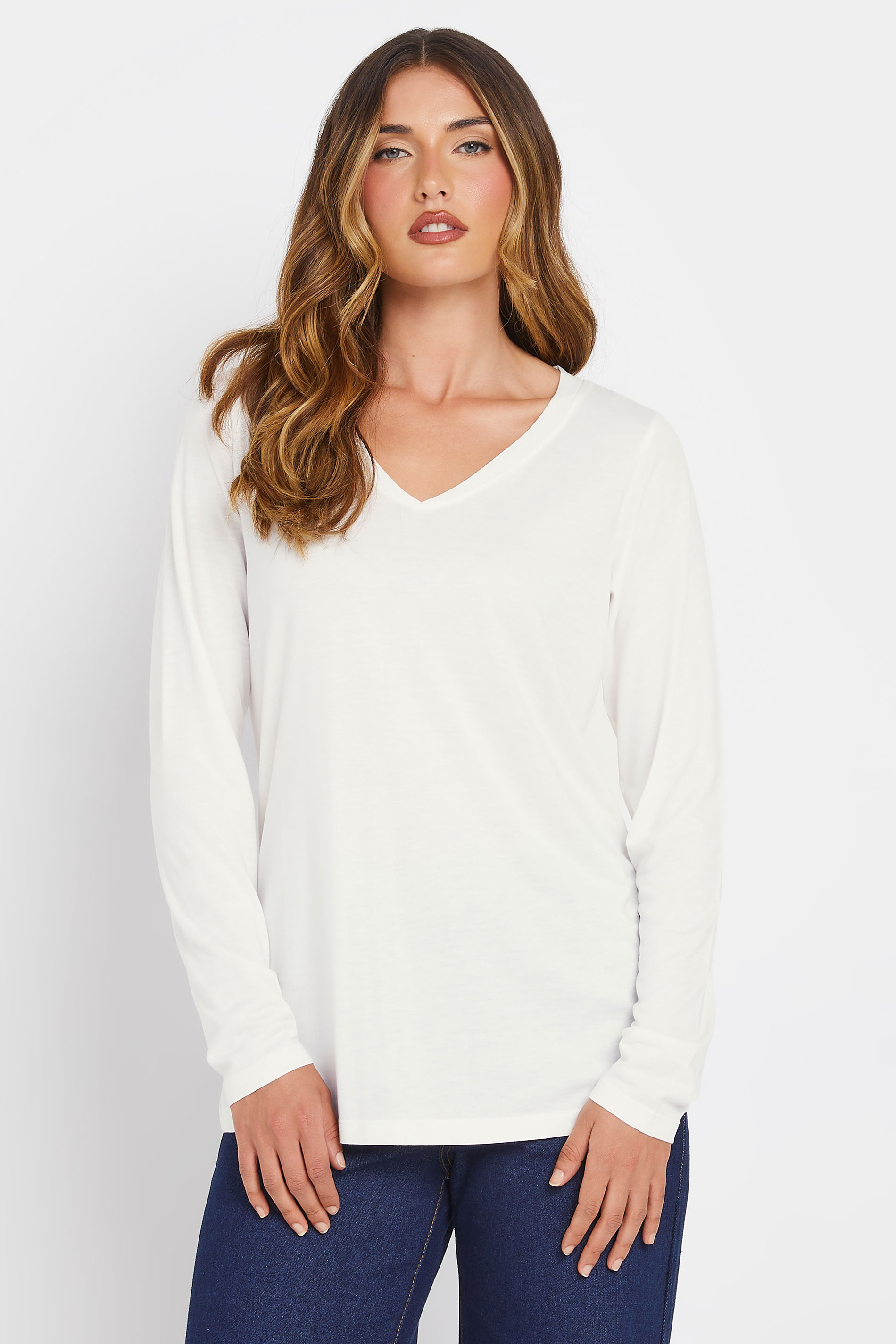 LTS PREMIUM Tall White Long Sleeve V-Neck Top | Long Tall Sally