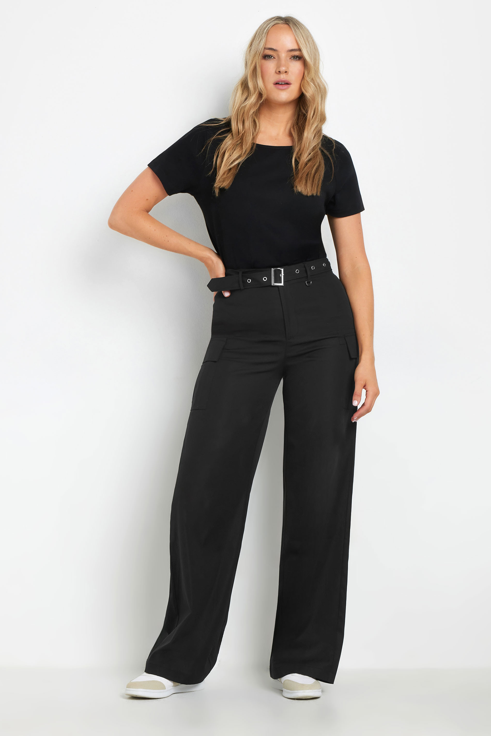LTS Tall Women's Black Belted Wide Leg Cargo Trousers | Long Tall Sally
