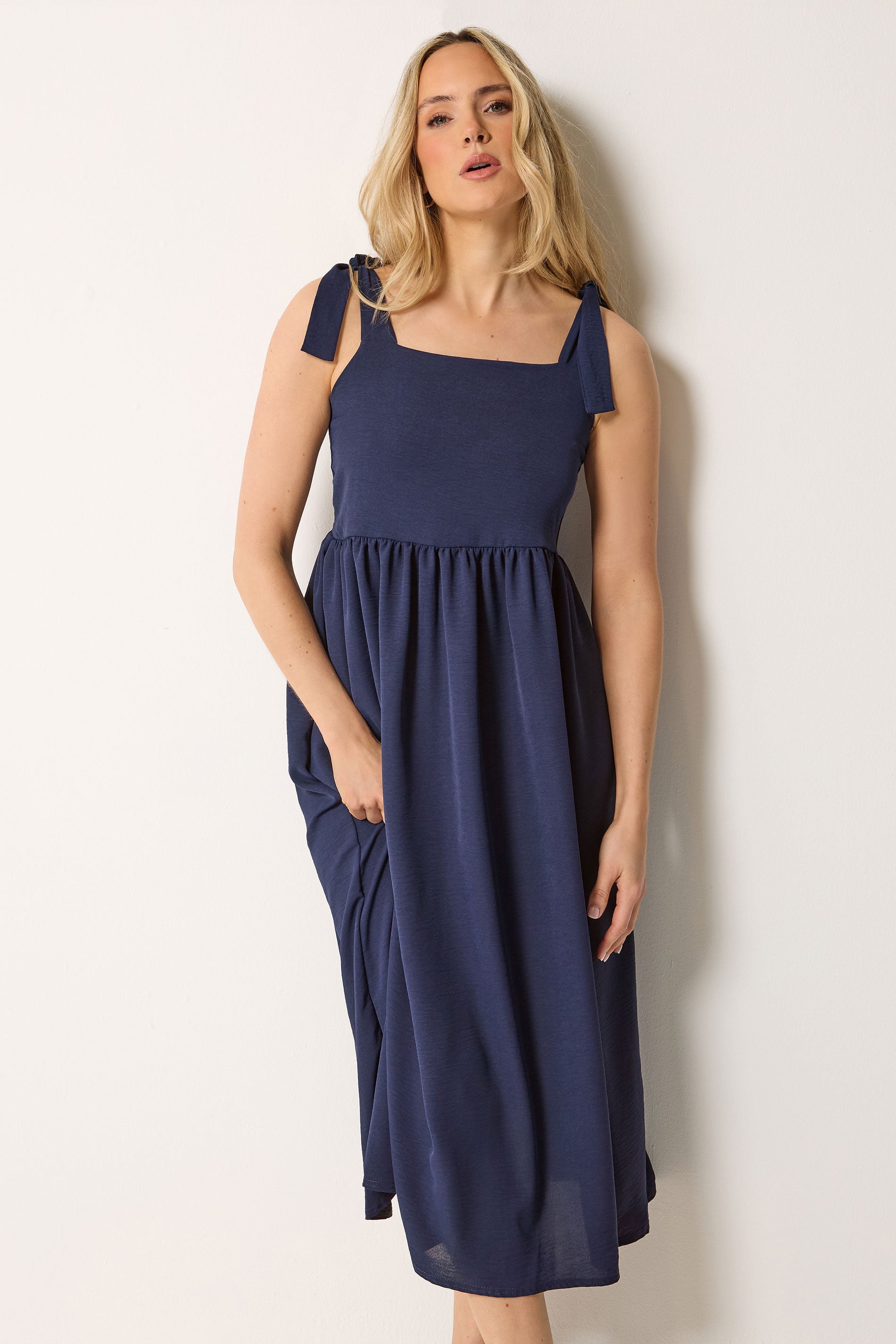 LTS Tall Women's Navy Blue Tie Detail Midi Sundress | Long Tall Sally