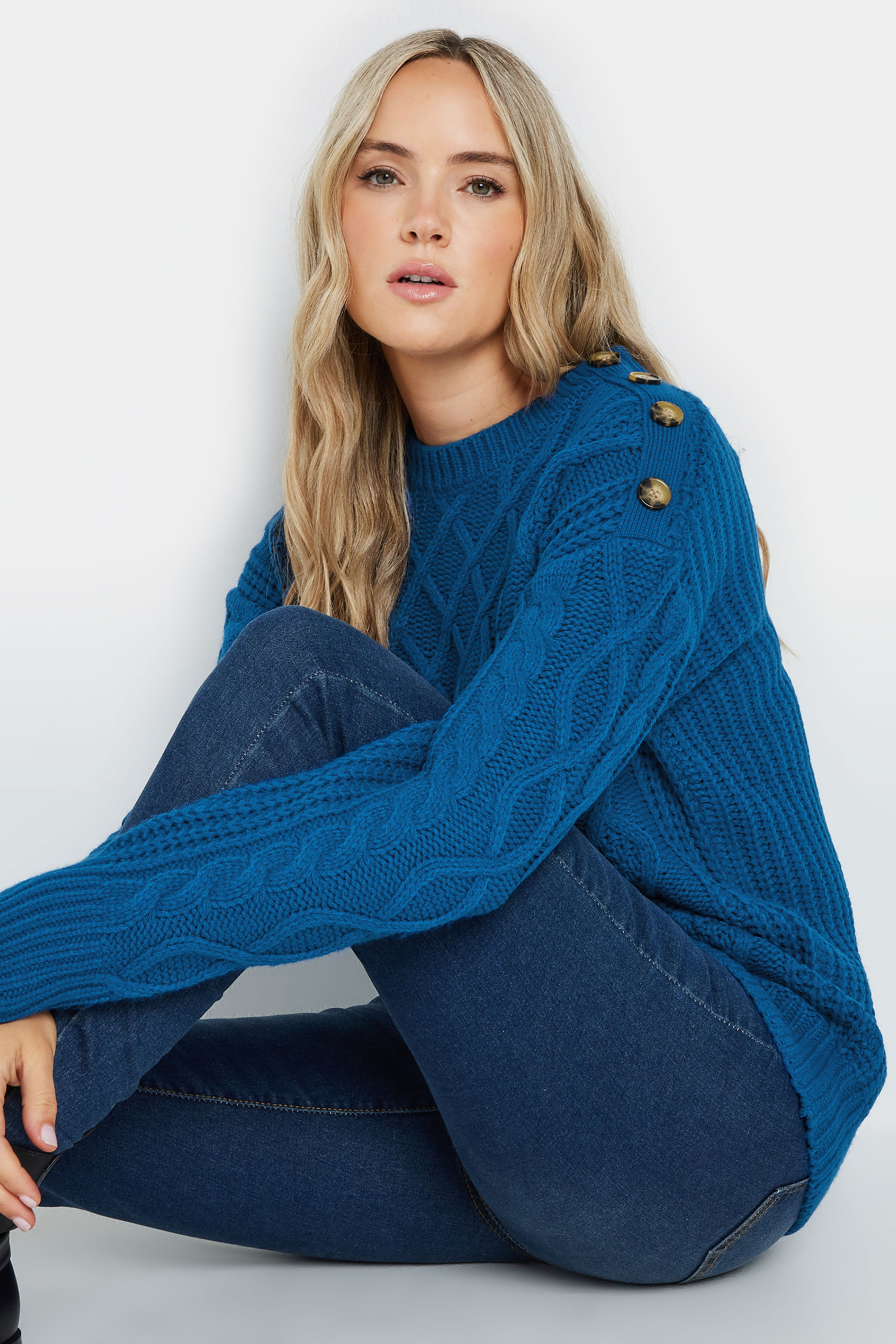 LTS Tall Cobalt Blue Button Detail Cable Knit Jumper | Long Tall Sally