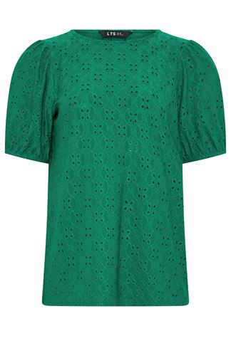 LTS Tall Women's Green Broderie Anglaise Puff Sleeve Top | Long Tall Sally