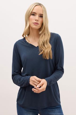 LTS PREMIUM Tall Navy Blue Long Sleeve V-Neck Modal Top | Long Tall Sally