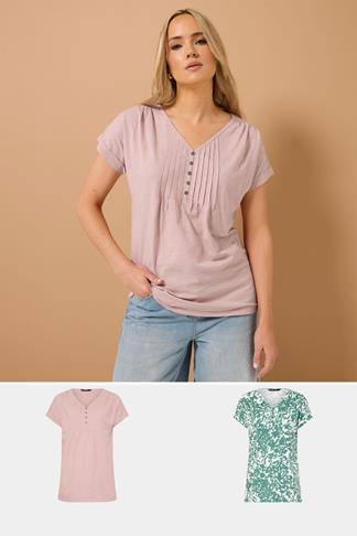 LTS Tall 2 PACK Pink & Green Floral Cotton Henley Tops | Long Tall Sally