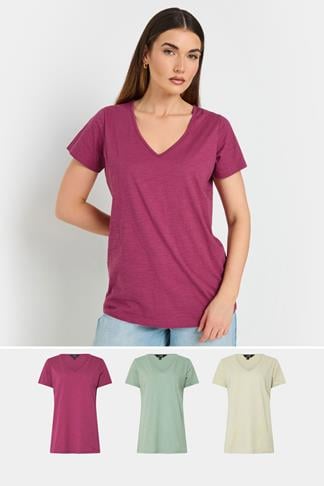 LTS Tall 3 PACK Sage Green & Berry Red Cotton V-Neck T-Shirts | Long ...