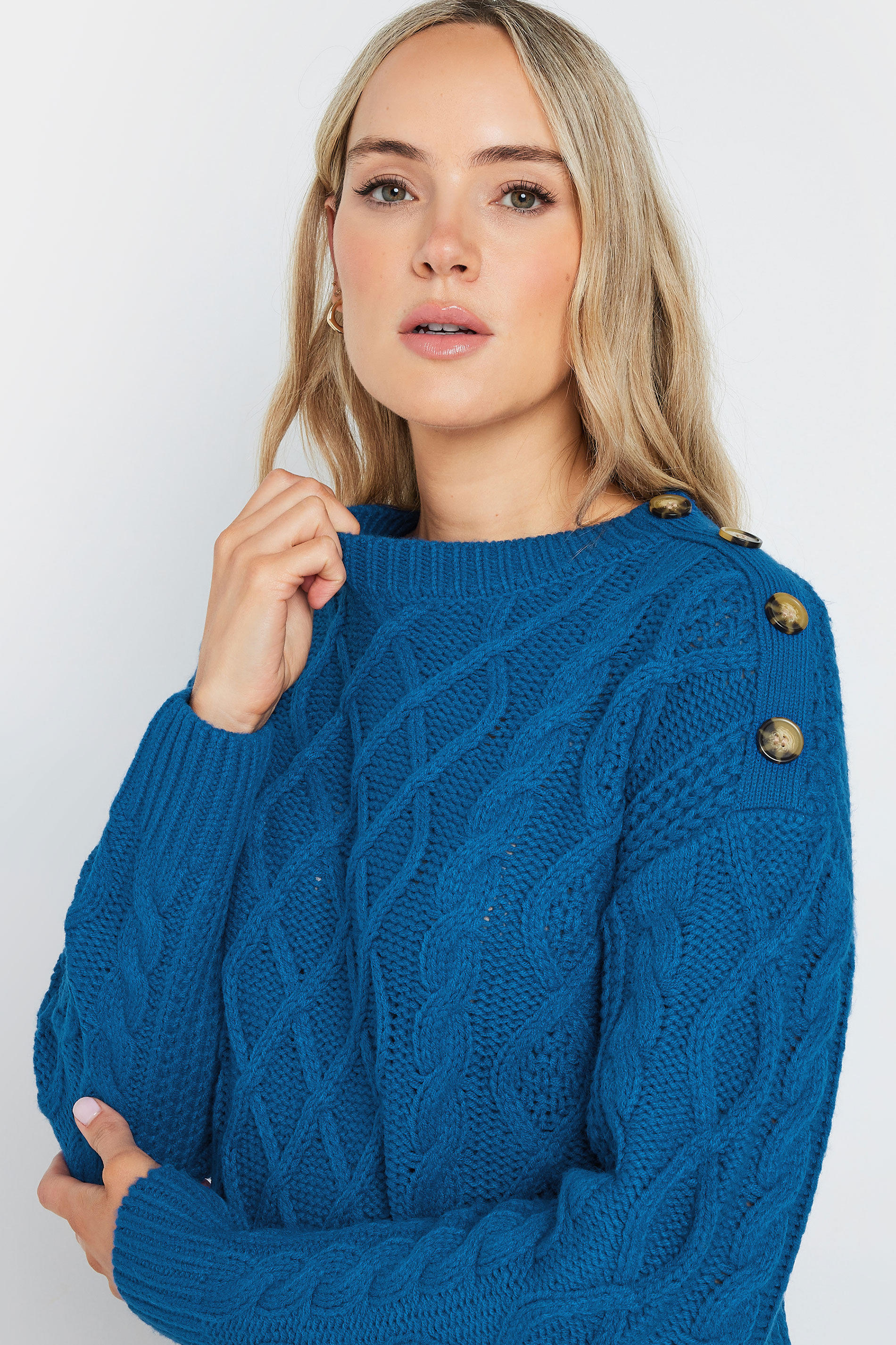 LTS Tall Cobalt Blue Button Detail Cable Knit Jumper | Long Tall Sally