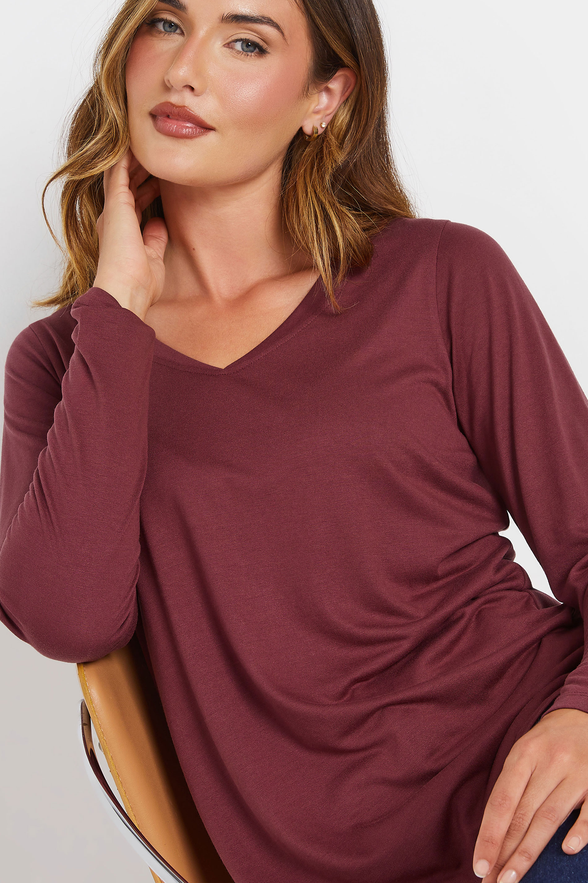 LTS PREMIUM Tall Burgundy Red Long Sleeve V-Neck Top | Long Tall Sally