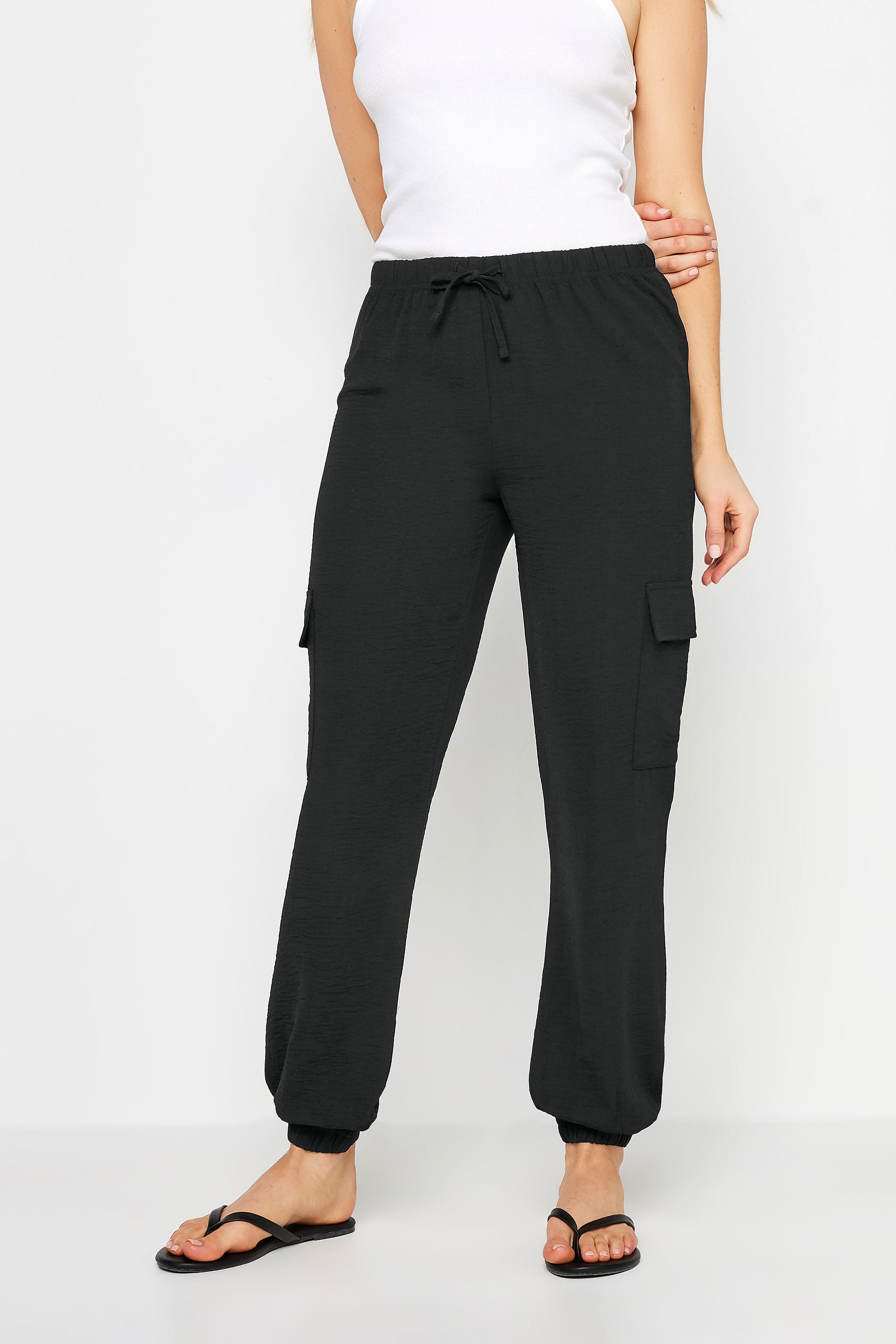 LTS Tall Women's Black Crepe Cuffed Cargo Trousers | Long Tall Sally