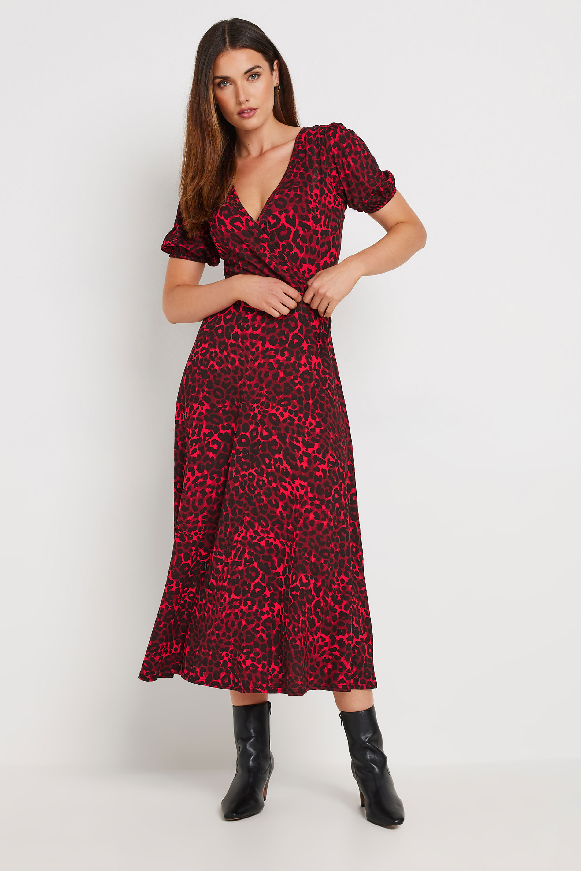Lts Tall Womens Burgundy Red Leopard Print Wrap Midi Dress Long Tall