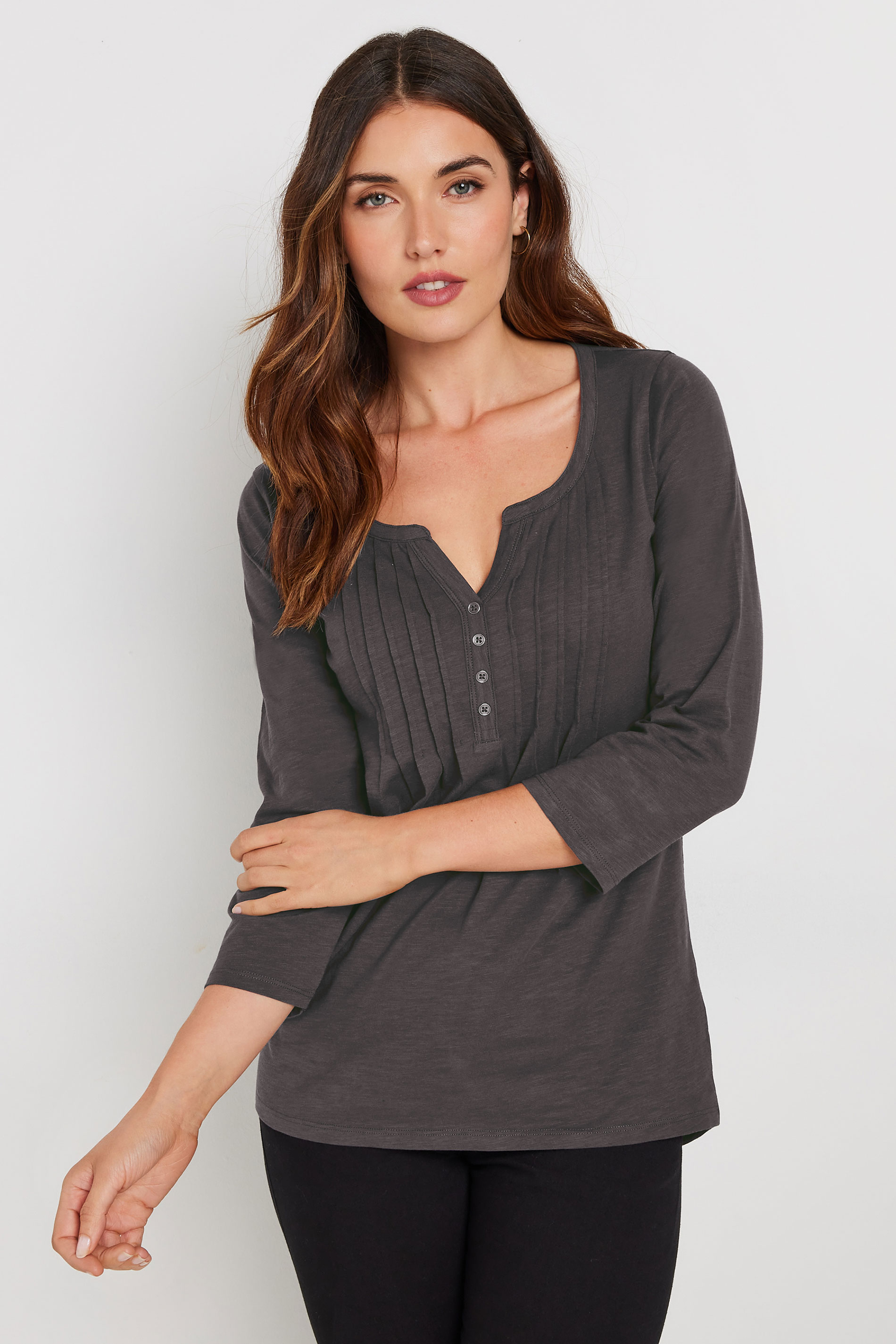 LTS Tall Women's Charcoal Grey Cotton Henley Top | Long Tall Sally