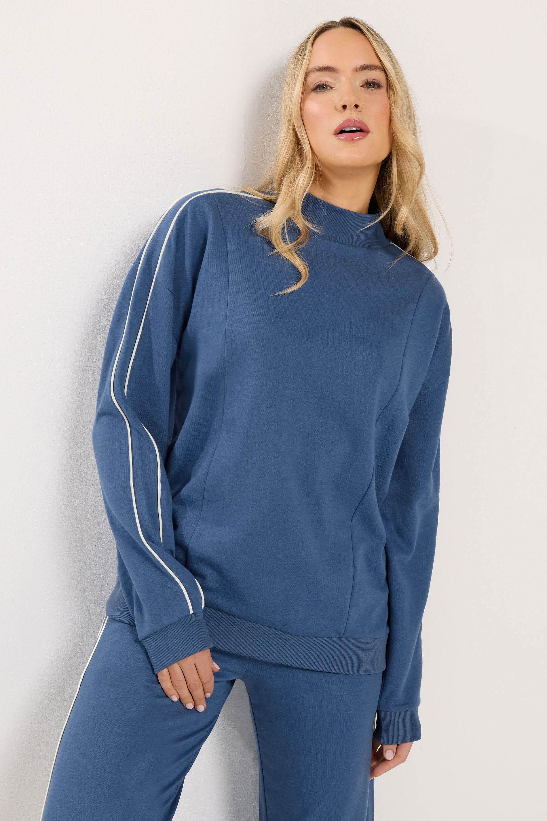 LTS Tall Women's Blue Piped High Neck Sweatshirt | Long Tall Sally